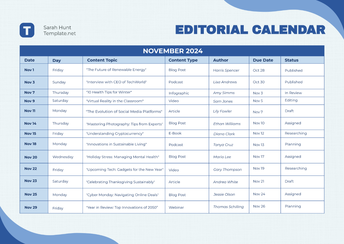 Free Editorial Calendar Template To Edit Online