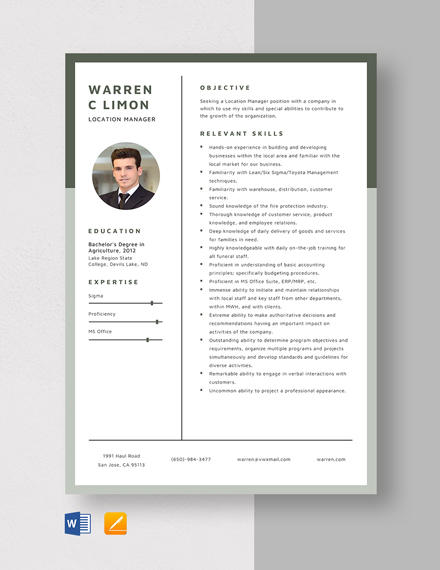 Free Location Manager Resume Template - Word, Apple Pages | Template.net