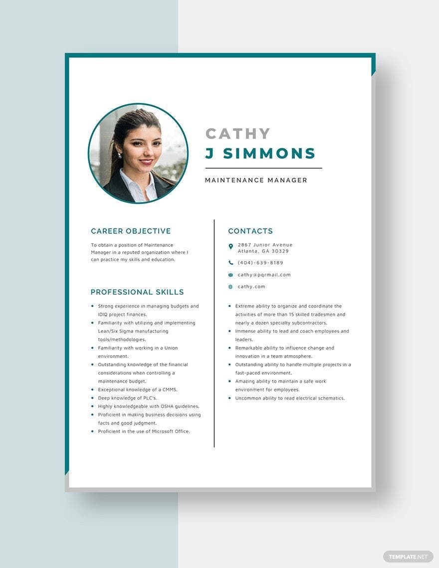 FREE Maintenance Manager Resume Template Download In Word Google 
