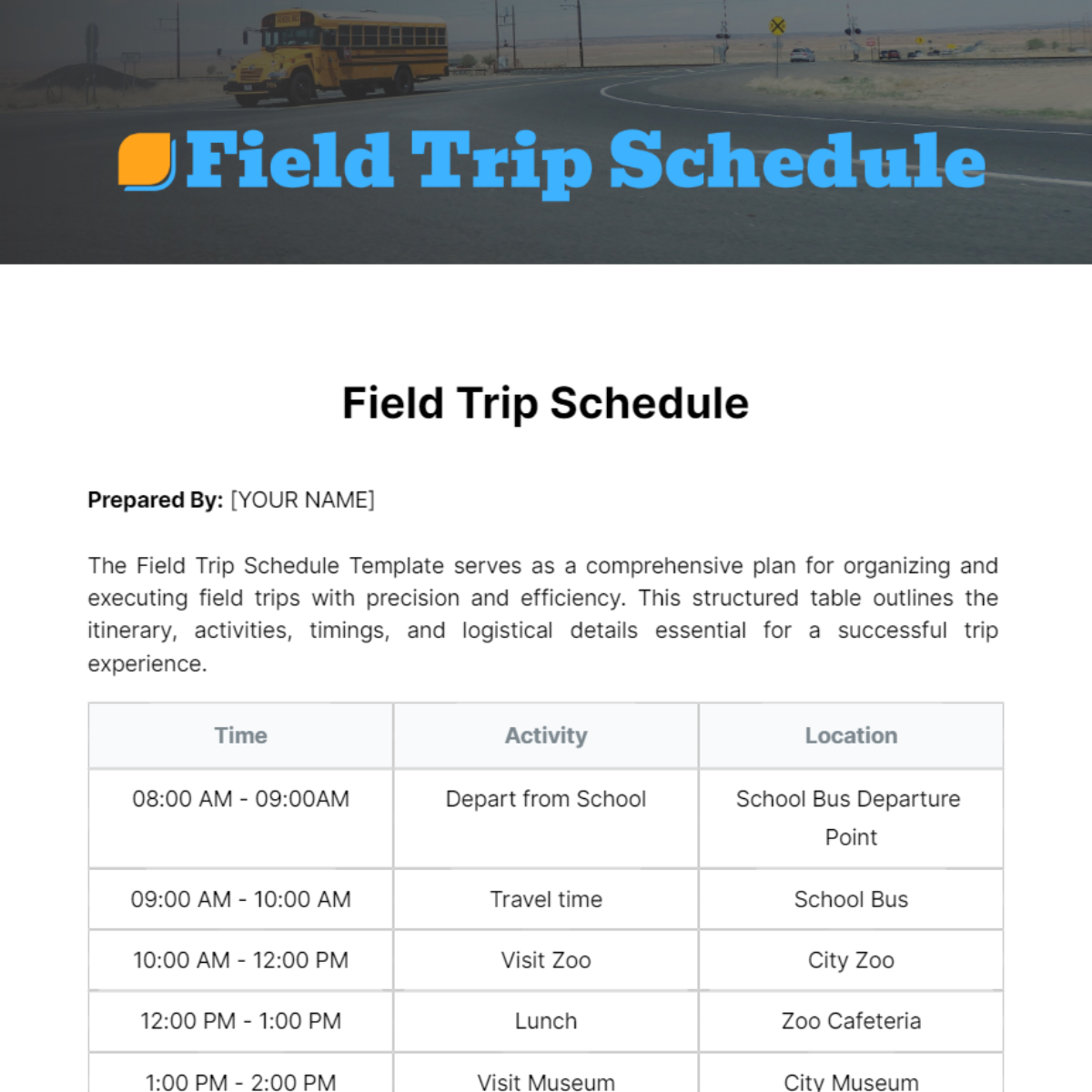 Free Field Trip Schedule Template To Edit Online