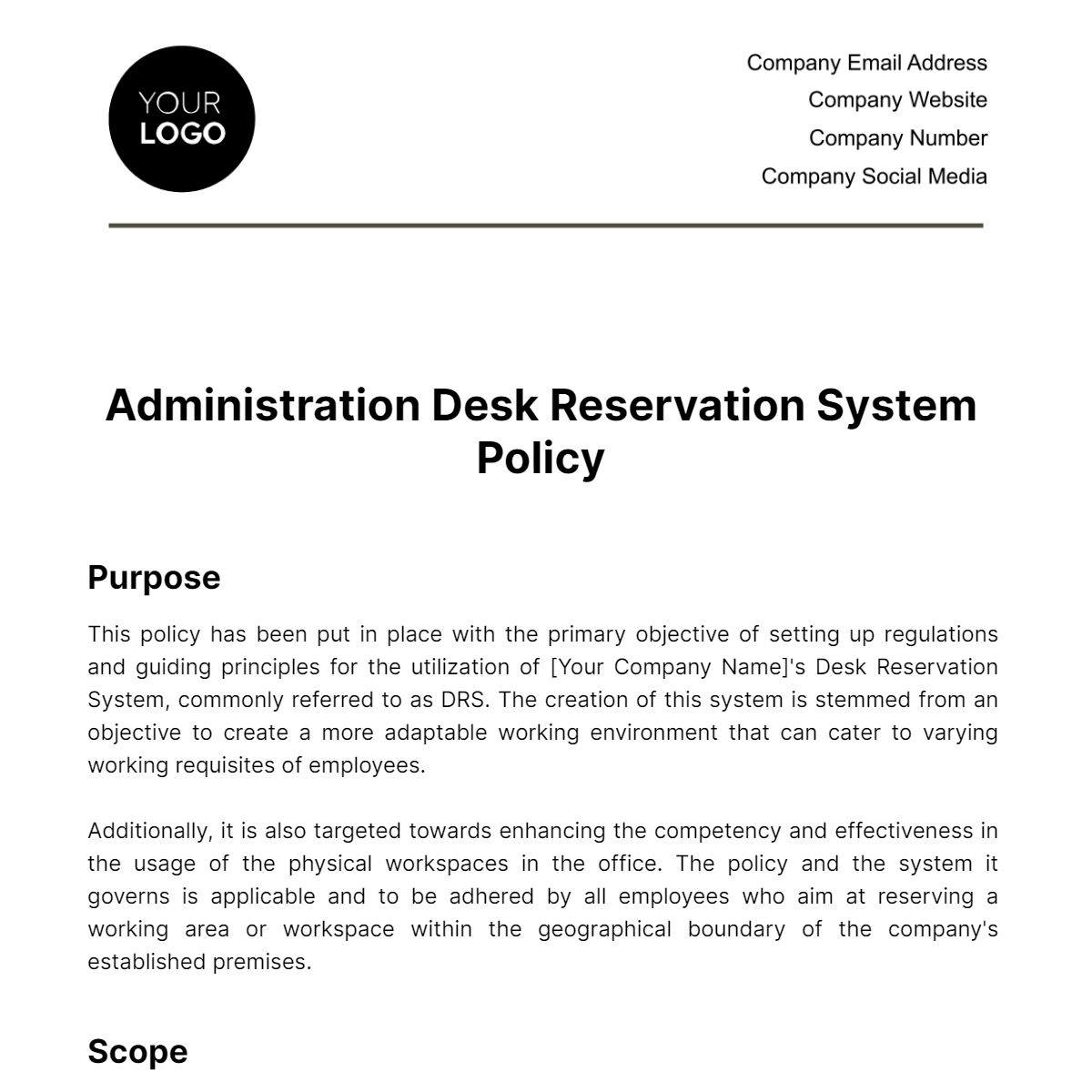 Administration Desk Reservation System Policy Template - Edit Online ...