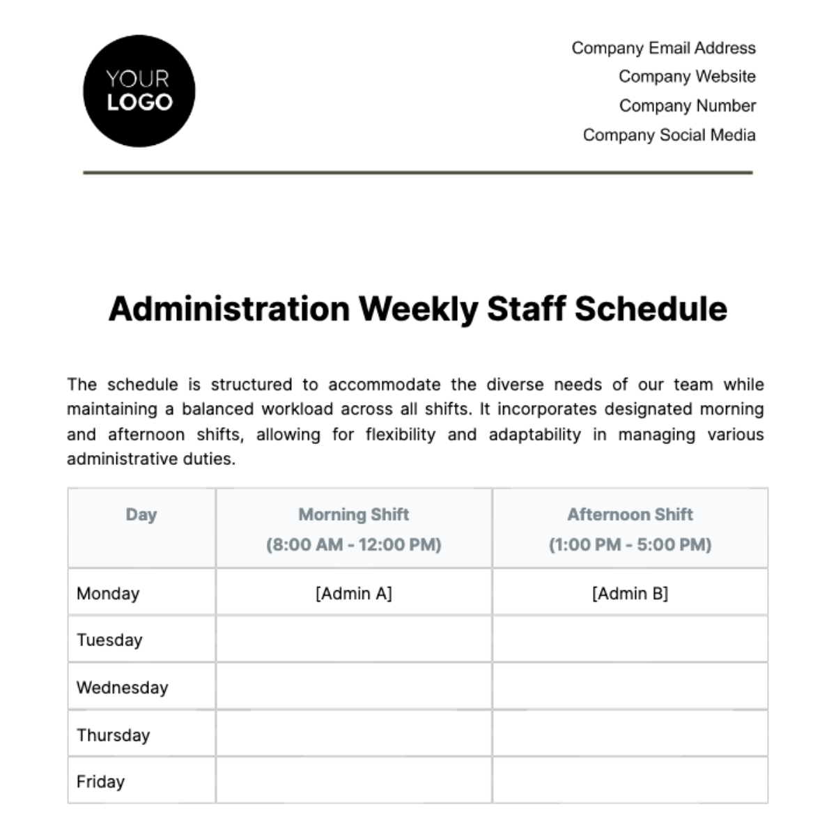 Administration Weekly Staff Schedule Template - Edit Online & Download ...