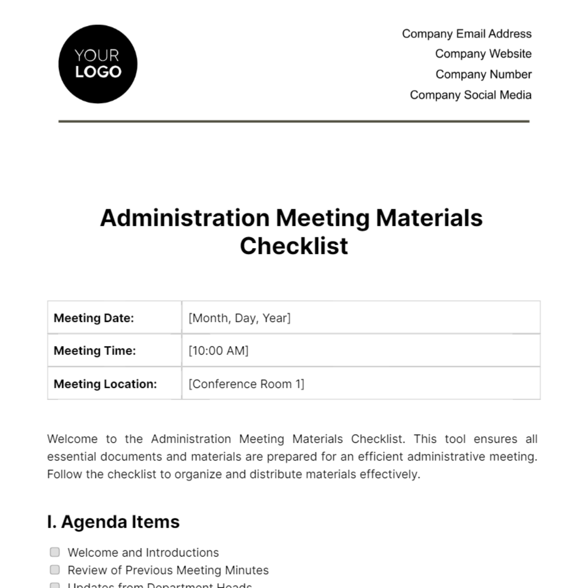 Administration Meeting Materials Checklist Template - Edit Online ...