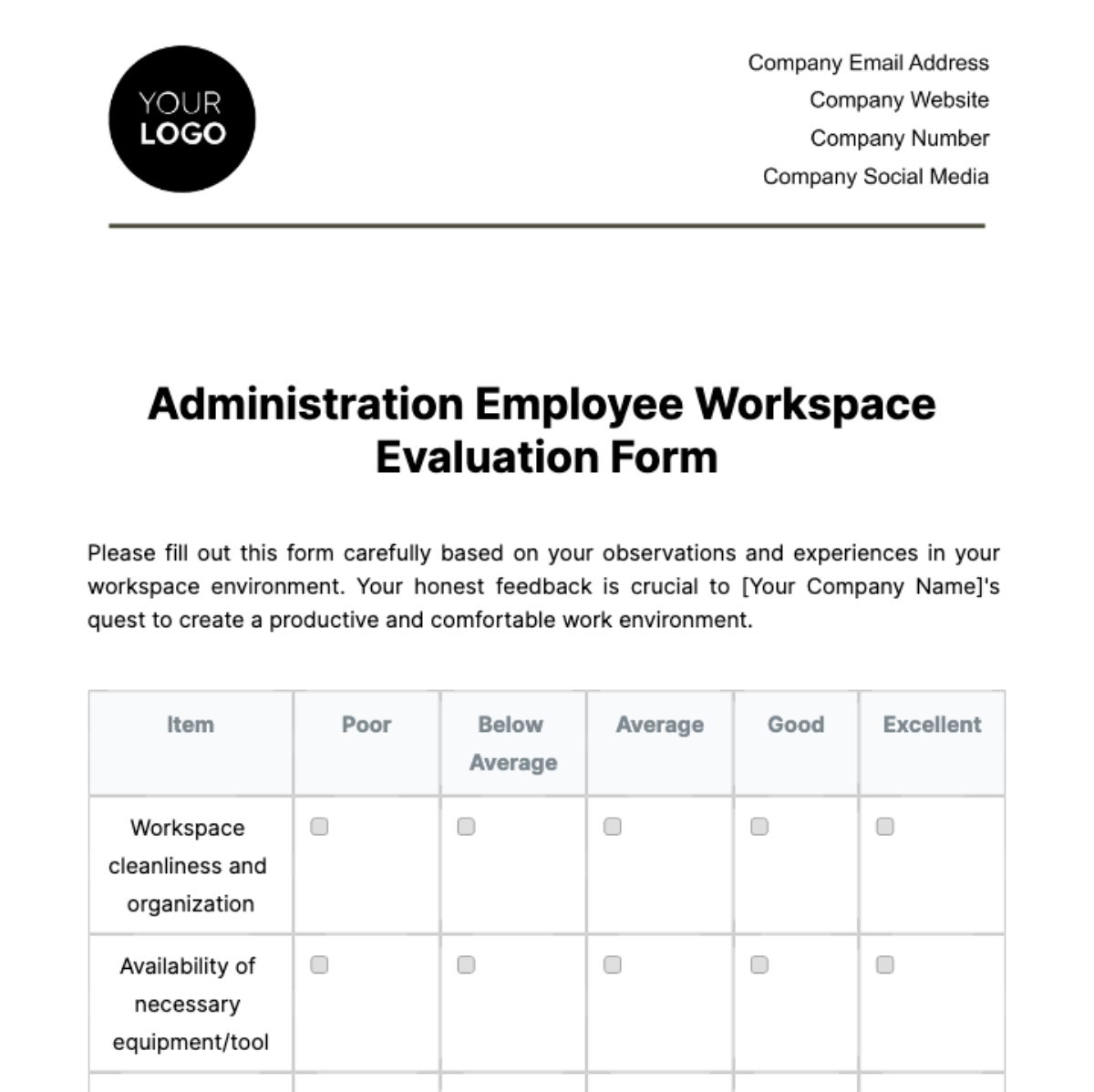 Administration Employee Workspace Evaluation Form Template - Edit ...