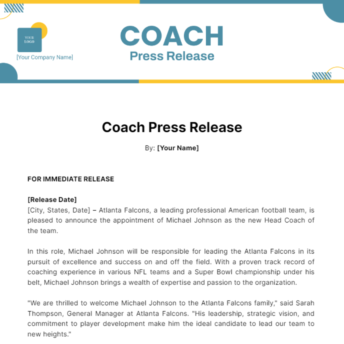 Coach Press Release Template - Edit Online & Download Example ...