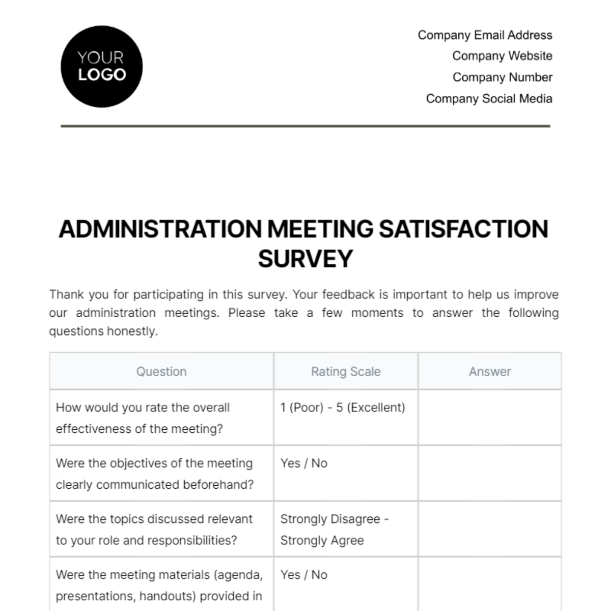 Administration Meeting Satisfaction Survey Template - Edit Online ...