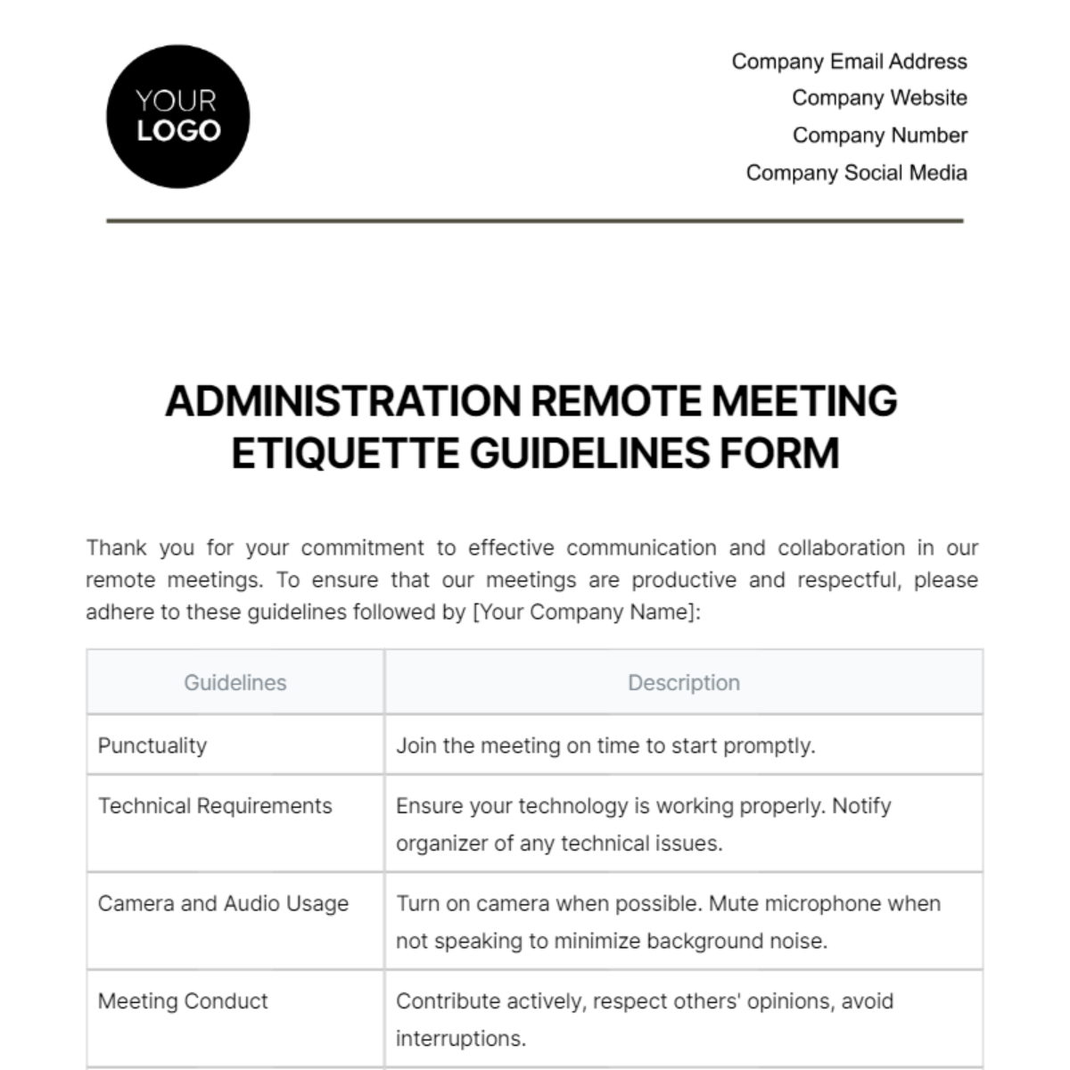 Administration Remote Meeting Etiquette Guidelines Form Template - Edit ...