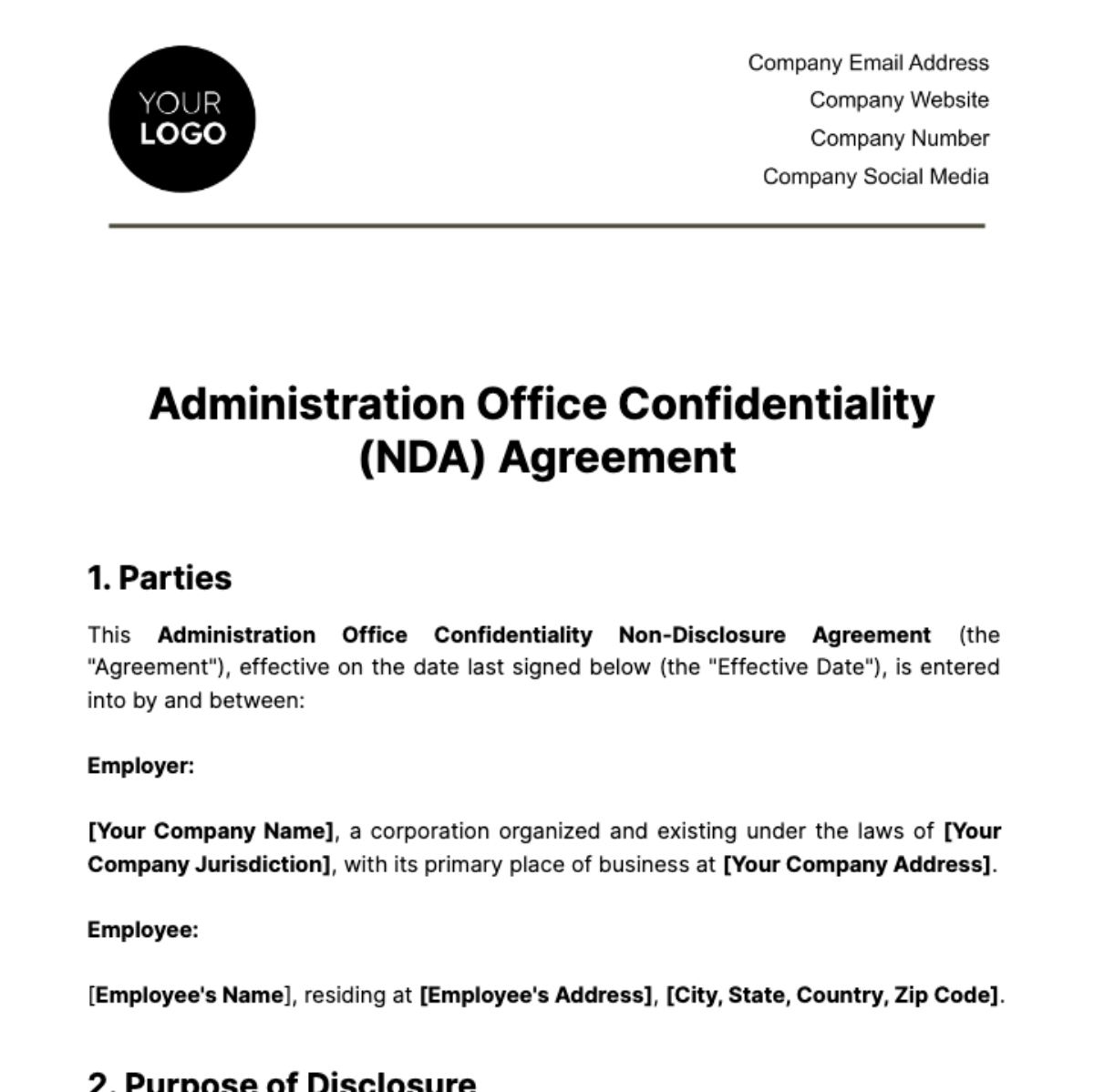 Administration Office Confidentiality (NDA) Agreement Template - Edit ...