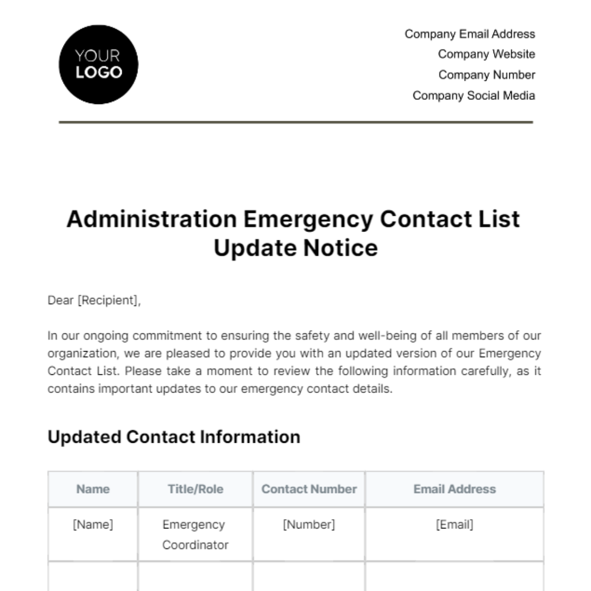 Administration Emergency Contact List Update Notice Template - Edit ...