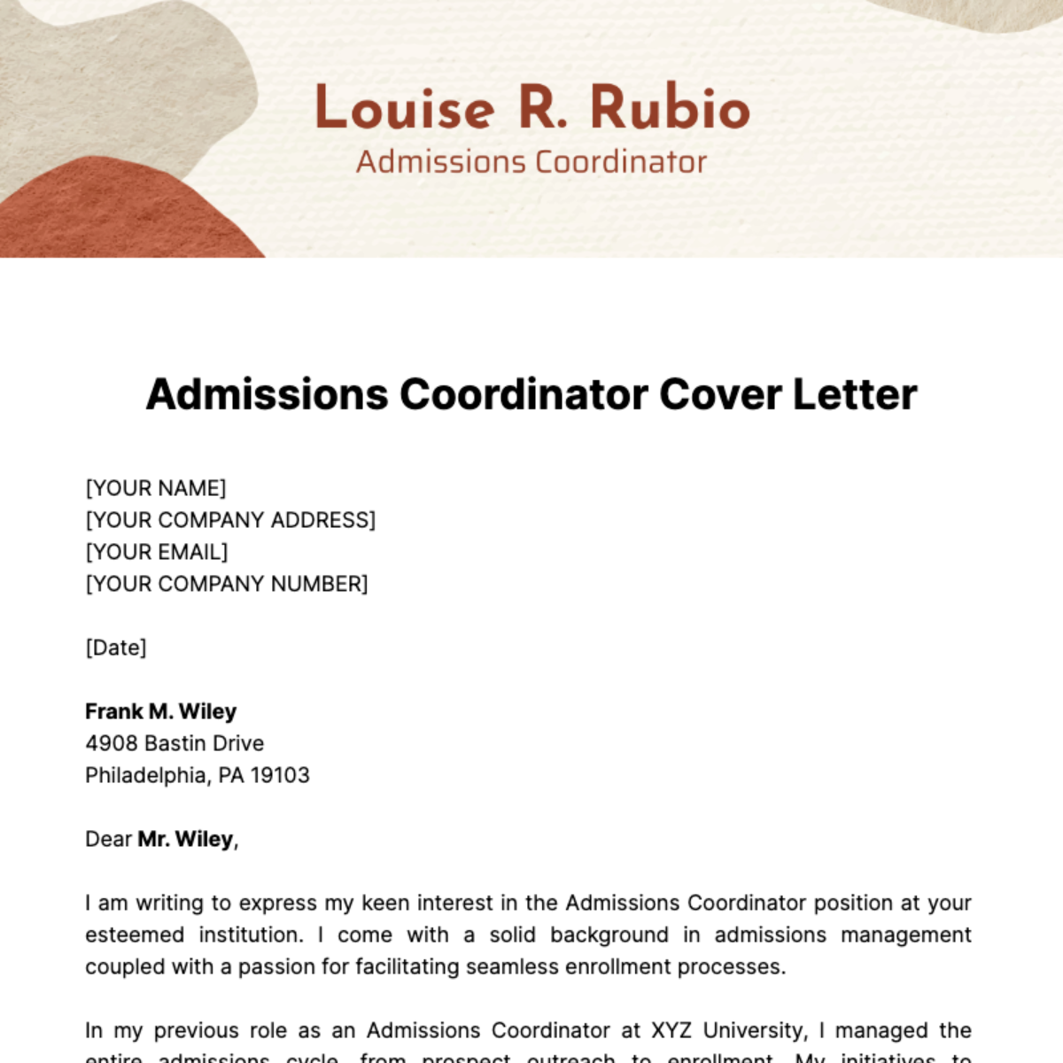 Admissions Coordinator Cover Letter Template - Edit Online & Download ...