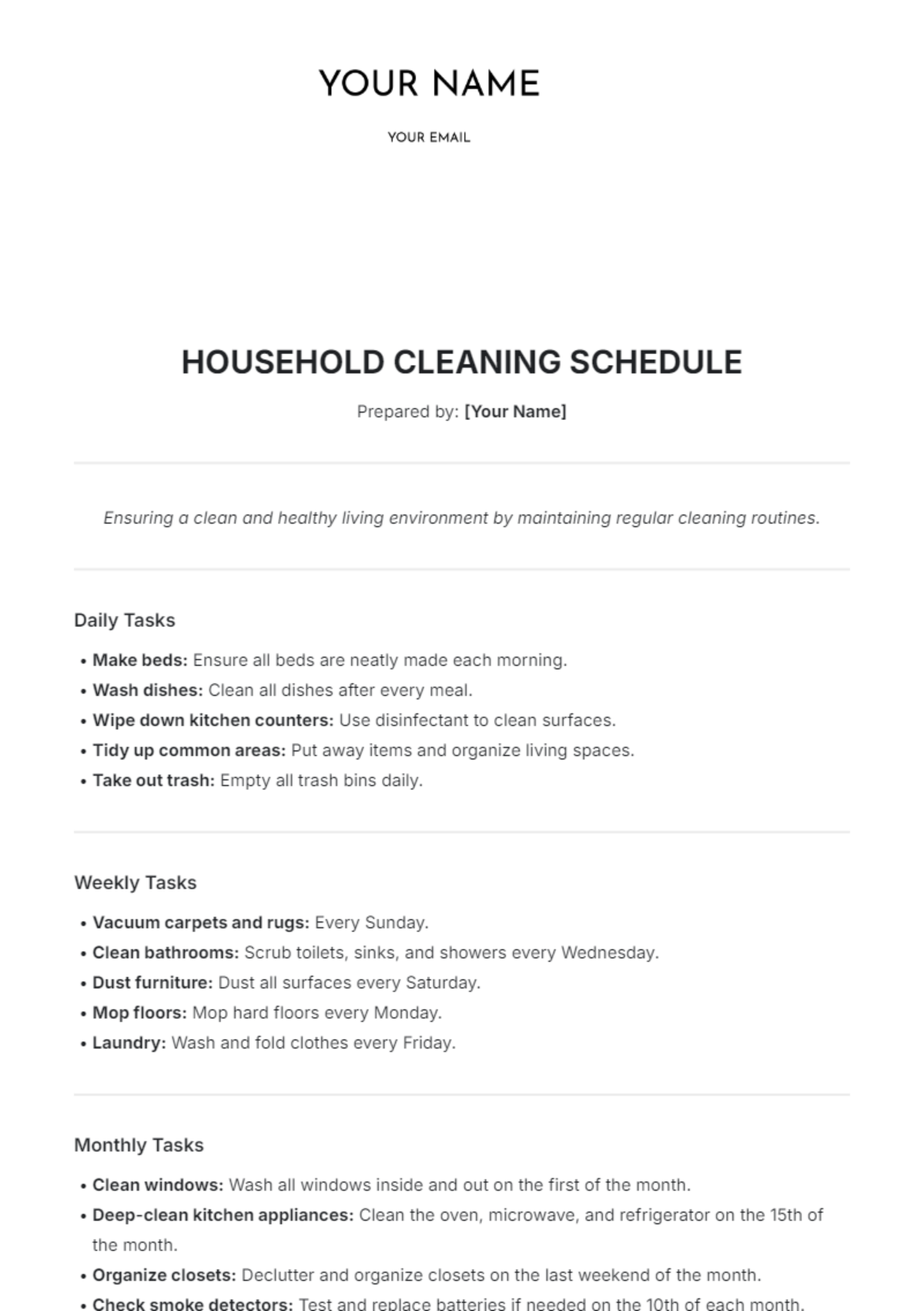 Free Master Cleaning Schedule Template To Edit Online