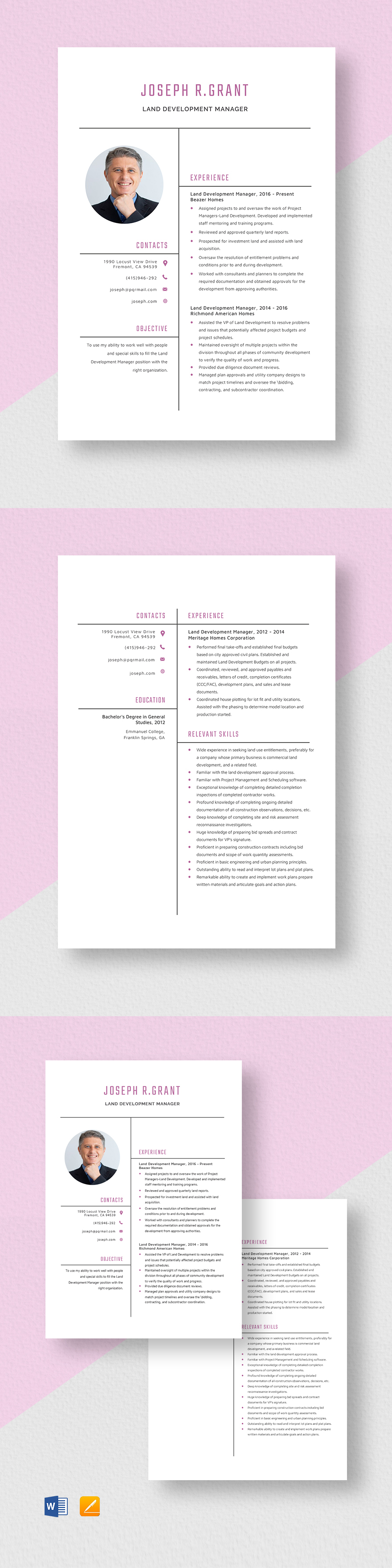 Free Land Development Manager Resume Template - Word, Apple Pages ...