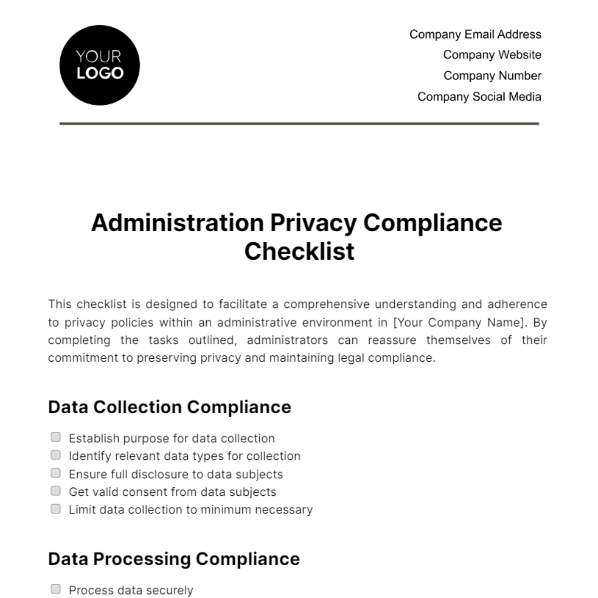 Administration Privacy Compliance Checklist Template - Edit Online ...