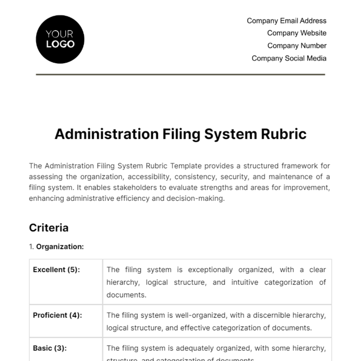 Administration Filing System Rubric Template - Edit Online & Download ...