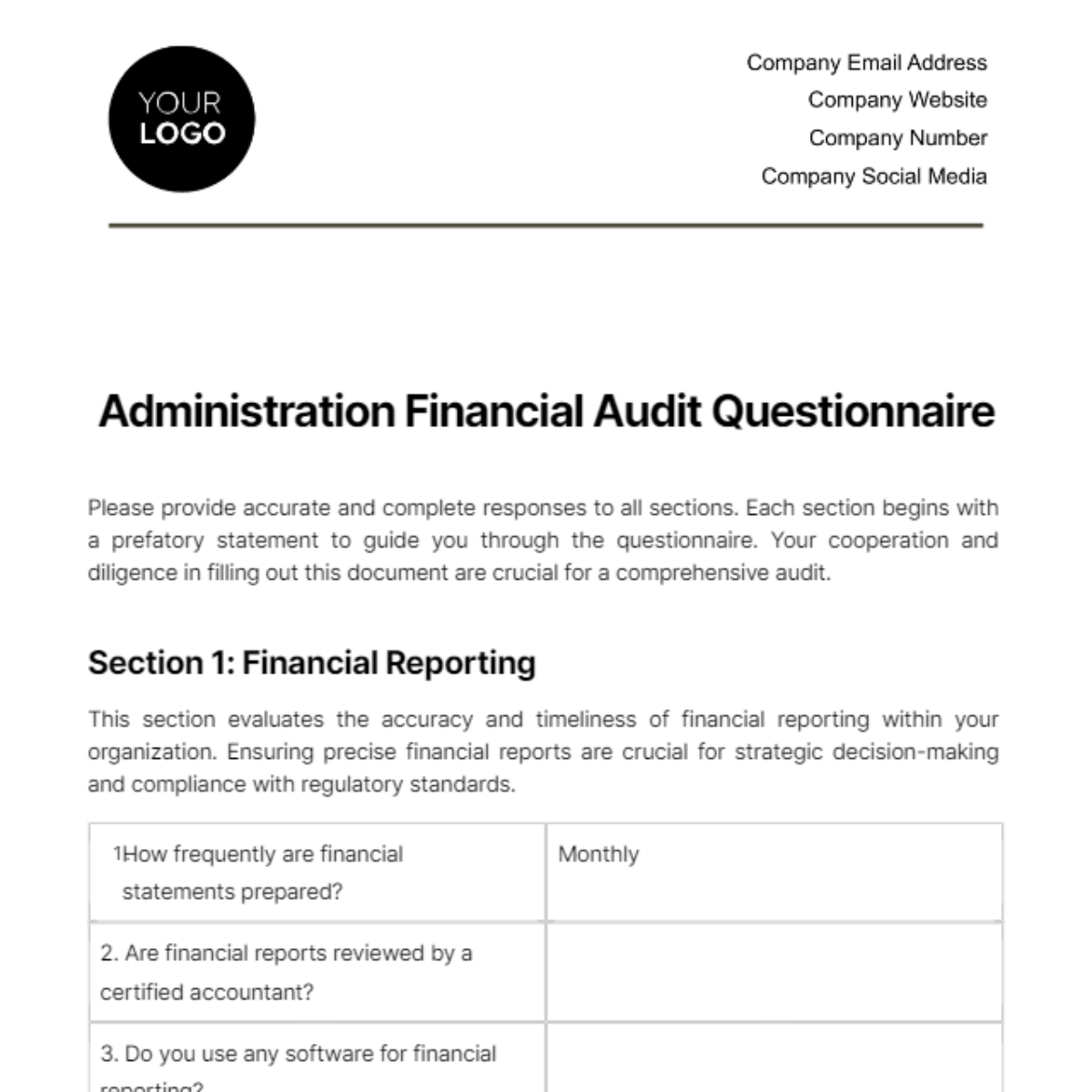 Administration Financial Audit Questionnaire Template - Edit Online ...