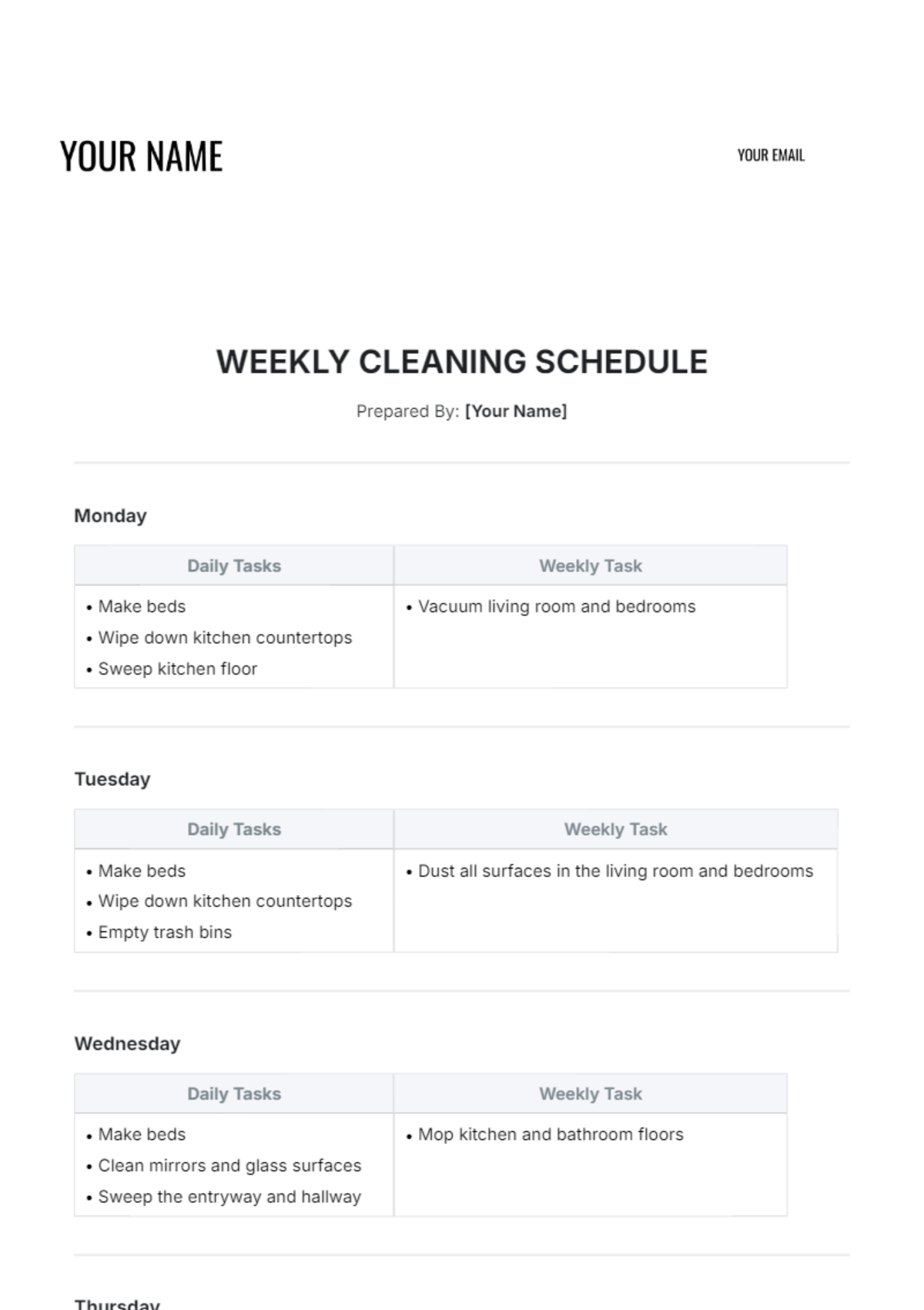 Weekly Cleaning Schedule Template - Edit Online & Download Example ...