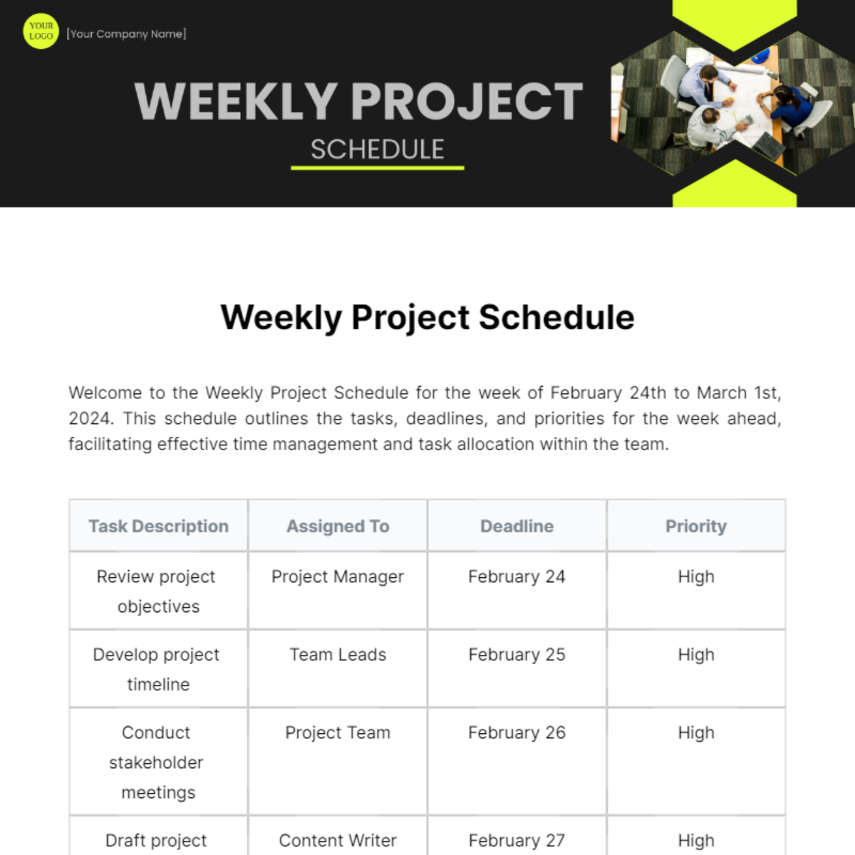 Weekly Project Schedule Template Edit Online Download Example