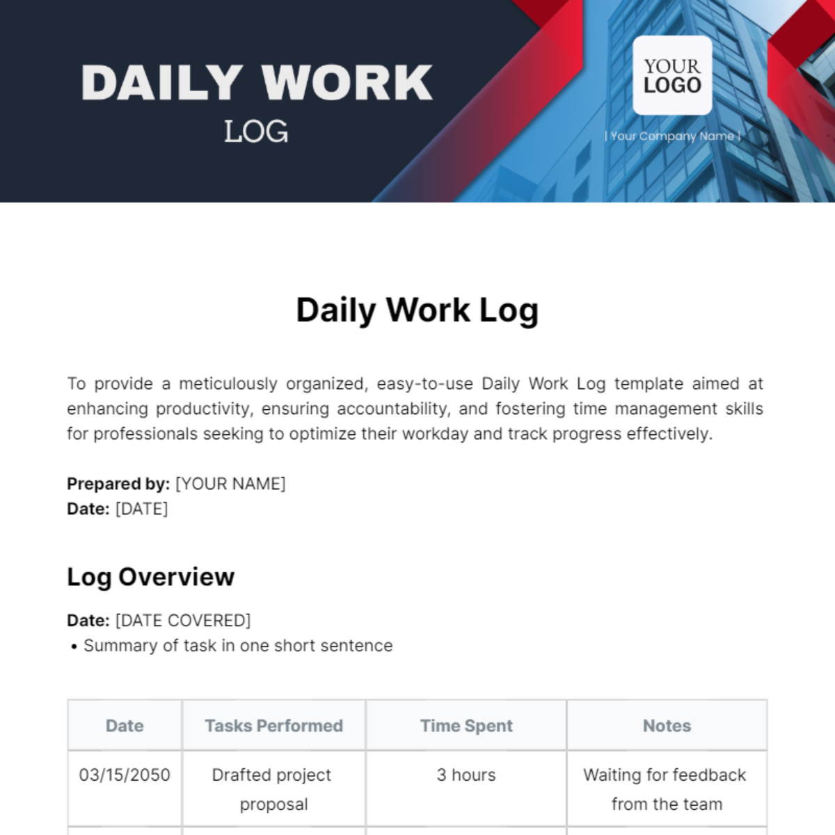 Free Work Log Templates Editable And Printable