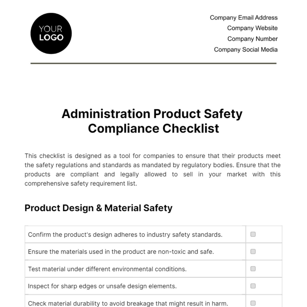 Administration Product Safety Compliance Checklist Template - Edit ...