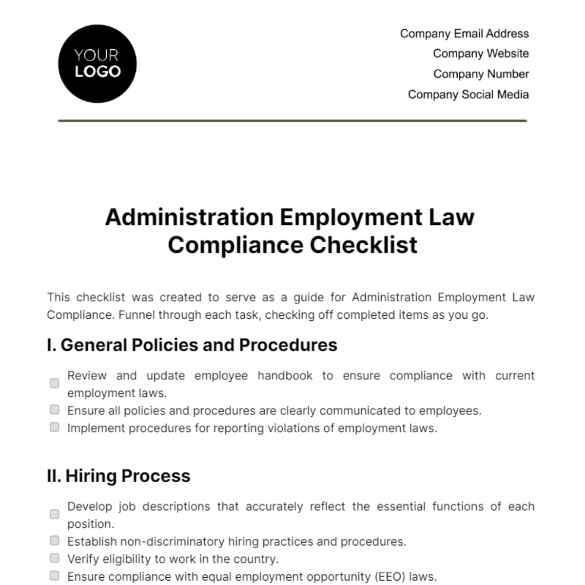 Administration Employment Law Compliance Checklist Template - Edit ...