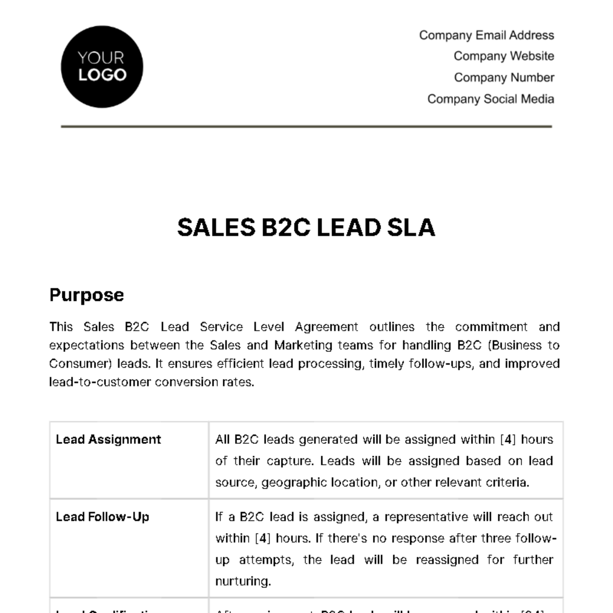 Sales B2C Lead SLA Template - Edit Online & Download Example | Template.net