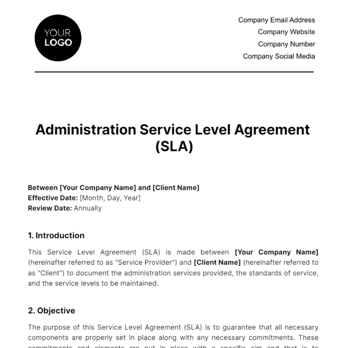 Administration Service Level Agreement (SLA) Template - Edit Online ...