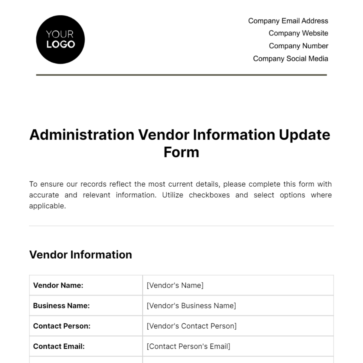 Administration Vendor Information Update Form Template - Edit Online ...