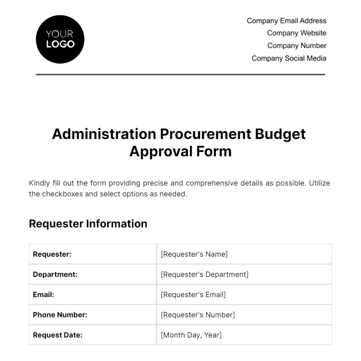 Administration Procurement Budget Approval Form Template - Edit Online ...