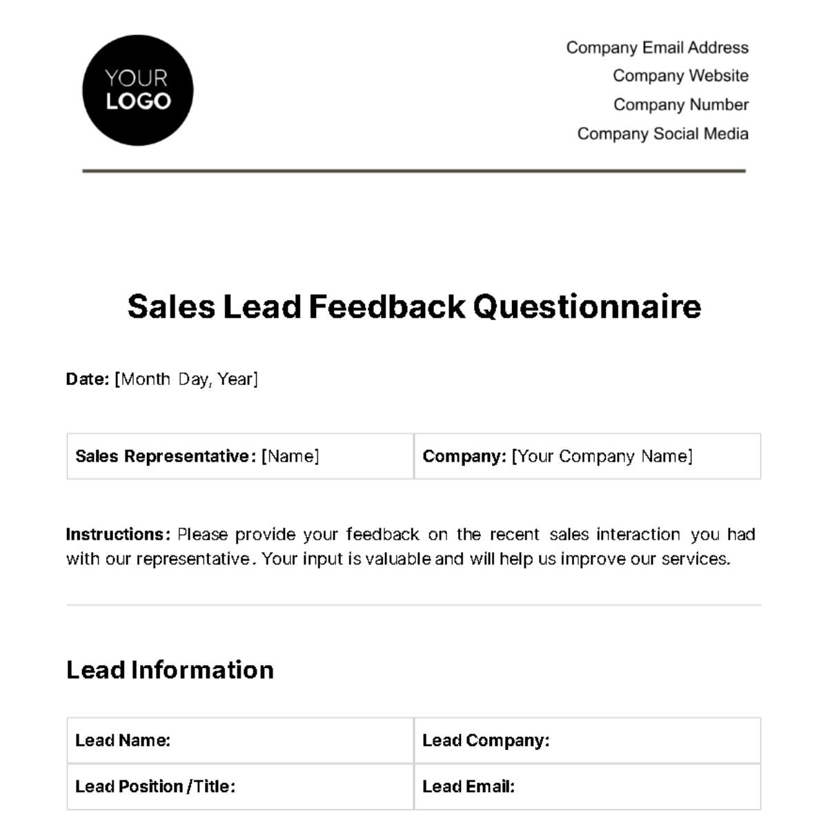 Sales Lead Feedback Questionnaire Template - Edit Online & Download ...
