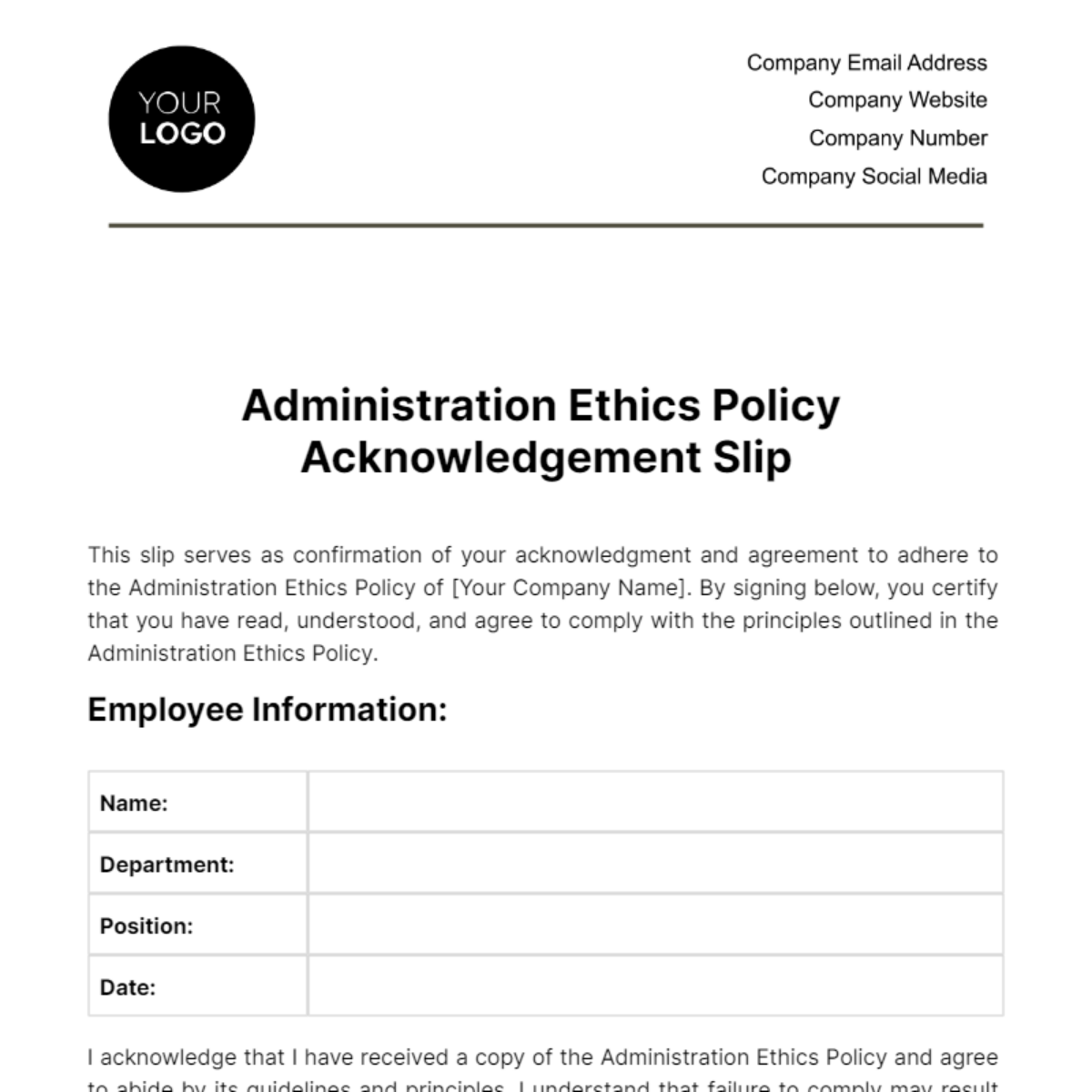 Administration Ethics Policy Acknowledgment Slip Template Edit Online And Download Example