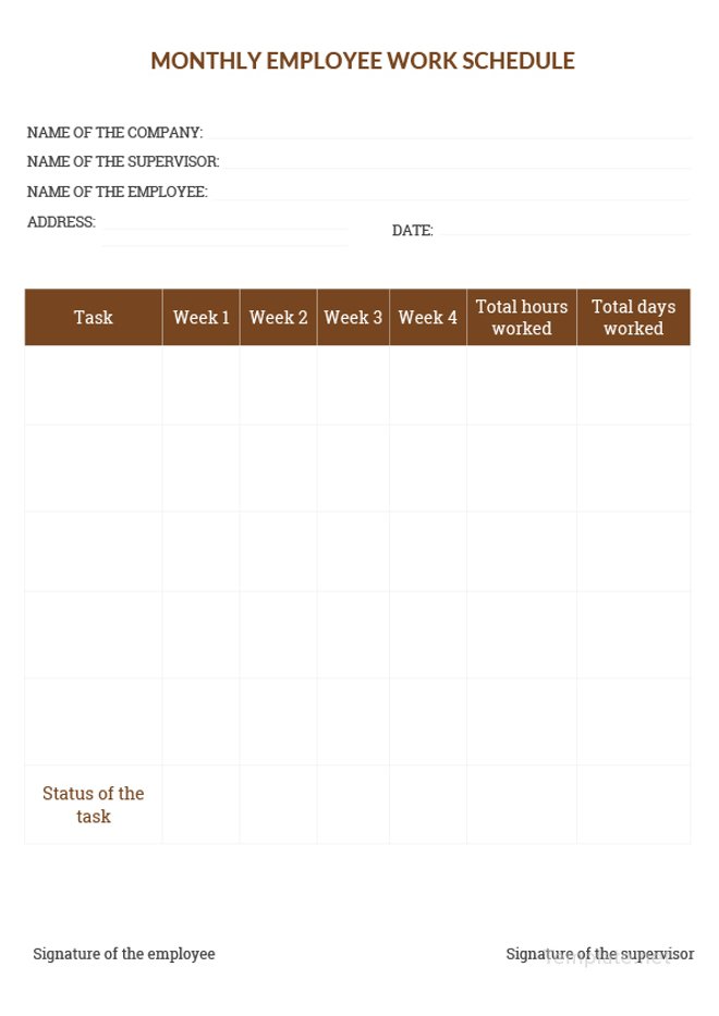 Sample Monthly Work Schedule Template Free Templates