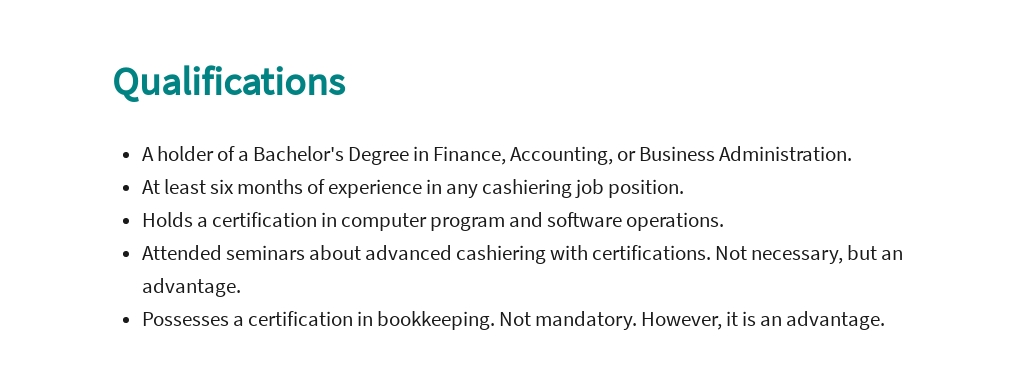 Cash Office Job Description