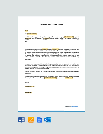 FREE Head Cashier Cover Letter - Word | Apple Pages | Google Docs l Outlook