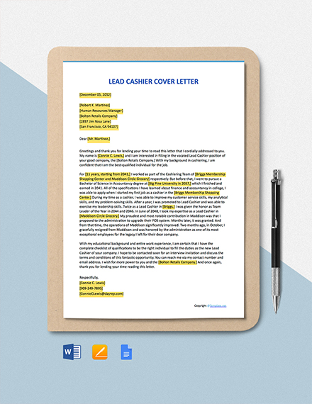 FREE Retail Cashier Cover Letter - Word | Apple Pages | Google Docs ...
