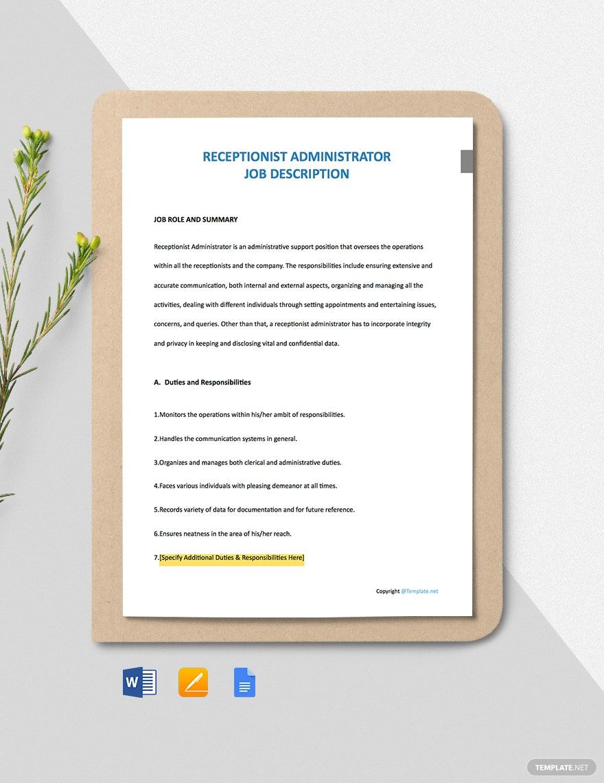 Restaurant Receptionist Job Description Google Docs Word Apple Pages PDF Template
