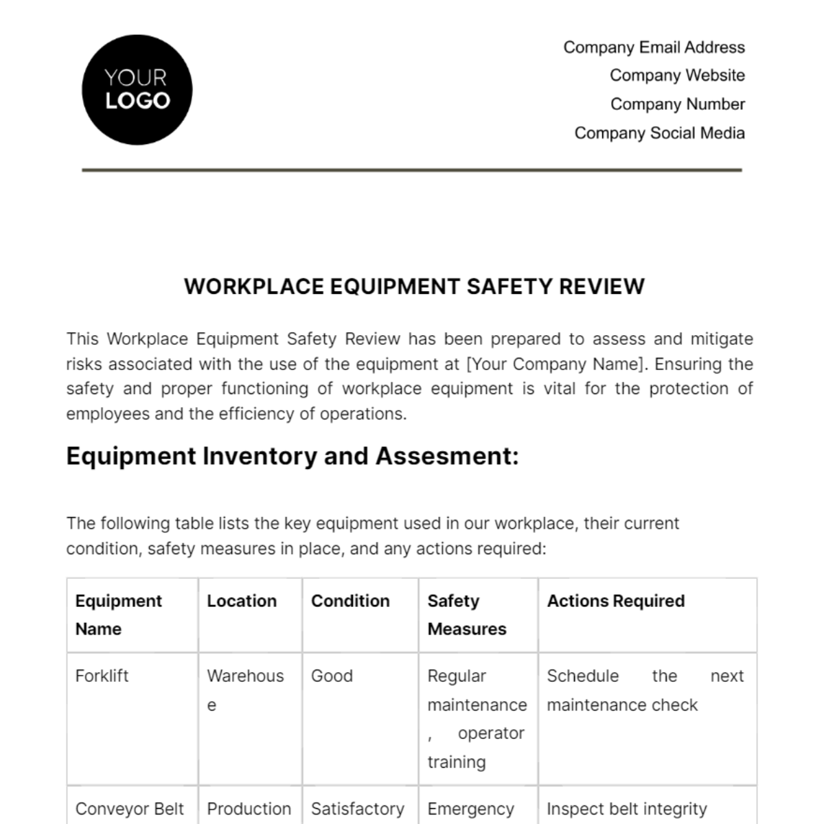 Workplace Equipment Safety Review Template - Edit Online & Download ...