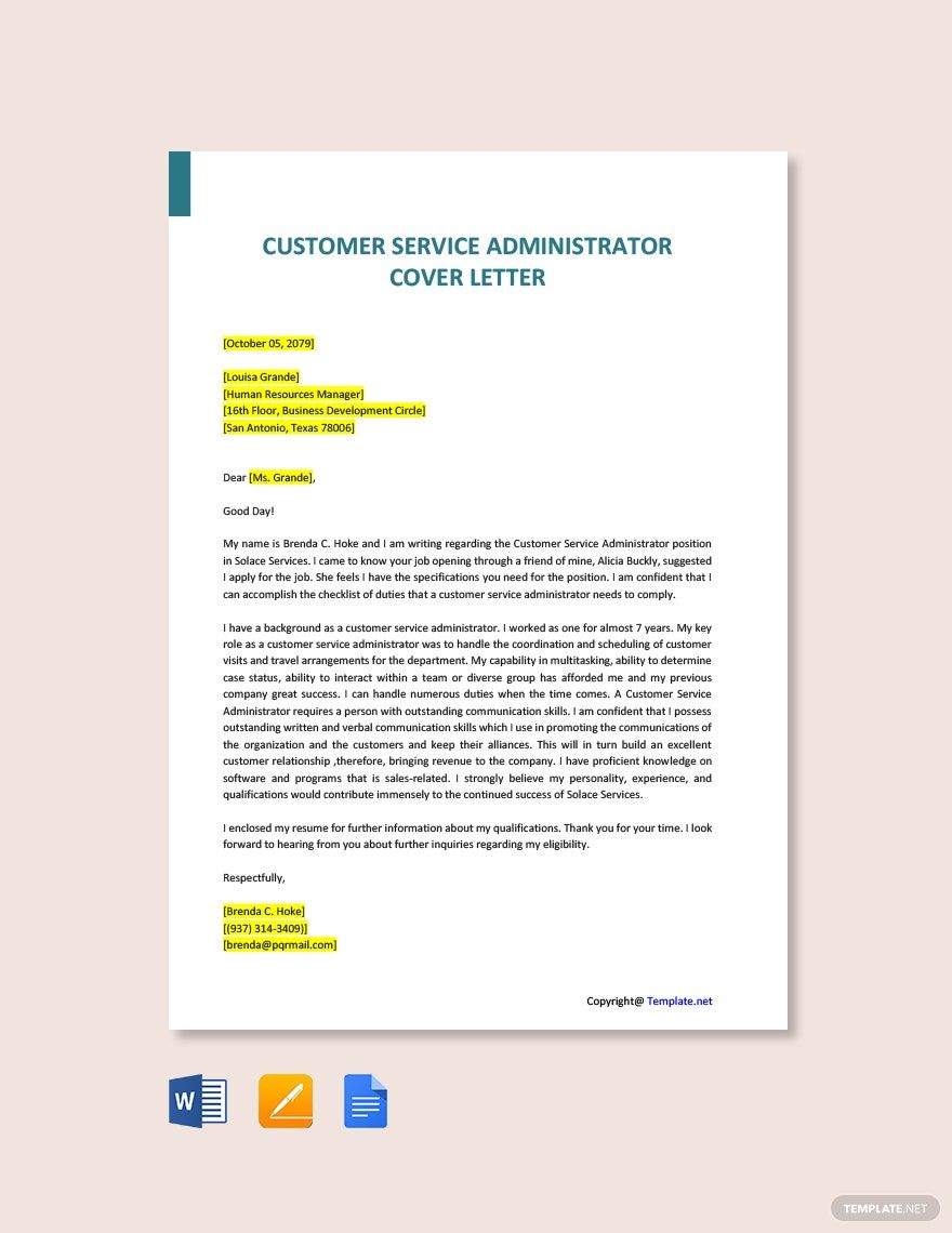 Customer Service Administrator Cover Letter Template Download In Word 