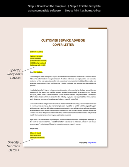 Customer Service Advisor Cover Letter Template - Google Docs, Word ...