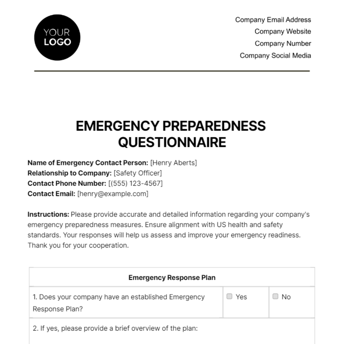 Emergency Preparedness Questionnaire Template - Edit Online & Download Example | Template.net