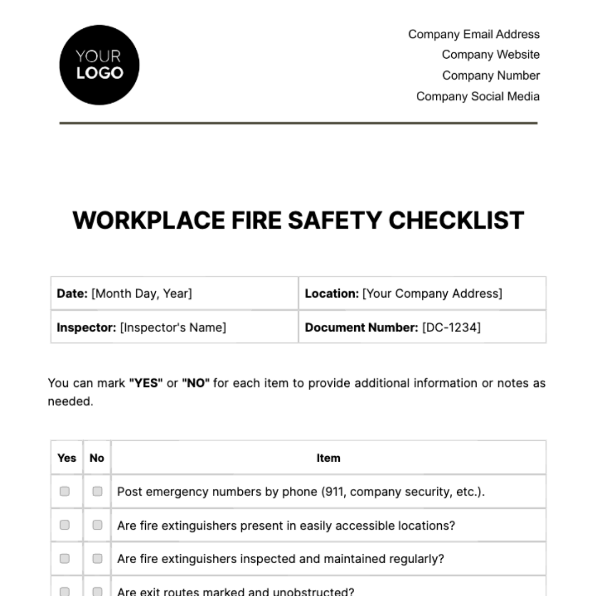 Workplace Fire Safety Checklist Template - Edit Online & Download ...