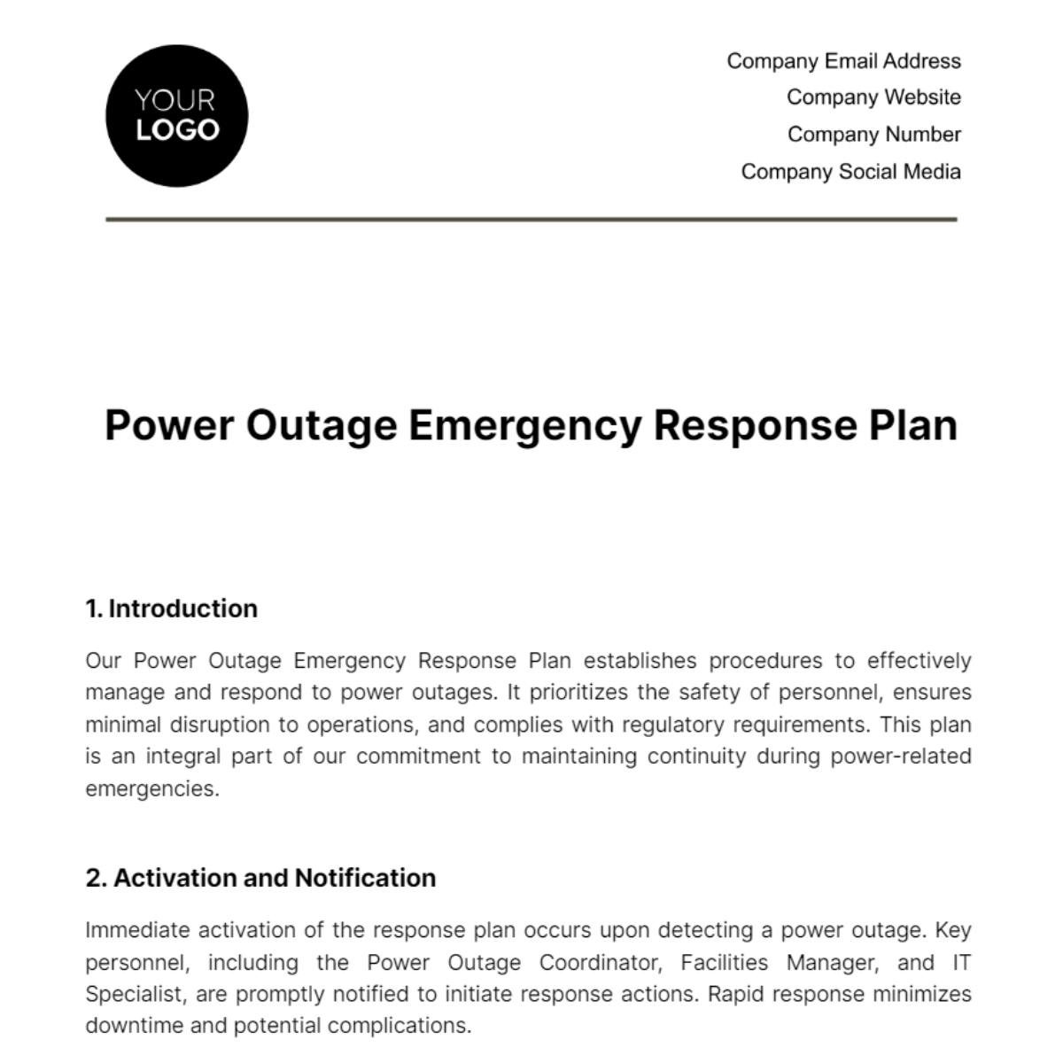 Power Outage Emergency Response Plan Template - Edit Online & Download ...