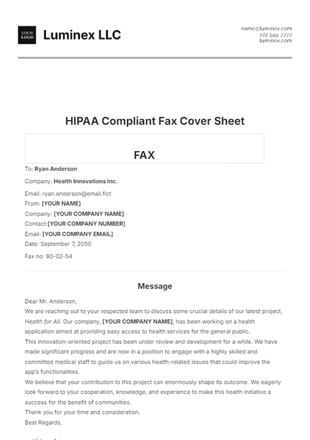 Free Professional HIPAA Compliant Fax Cover Sheet Template To Edit Online