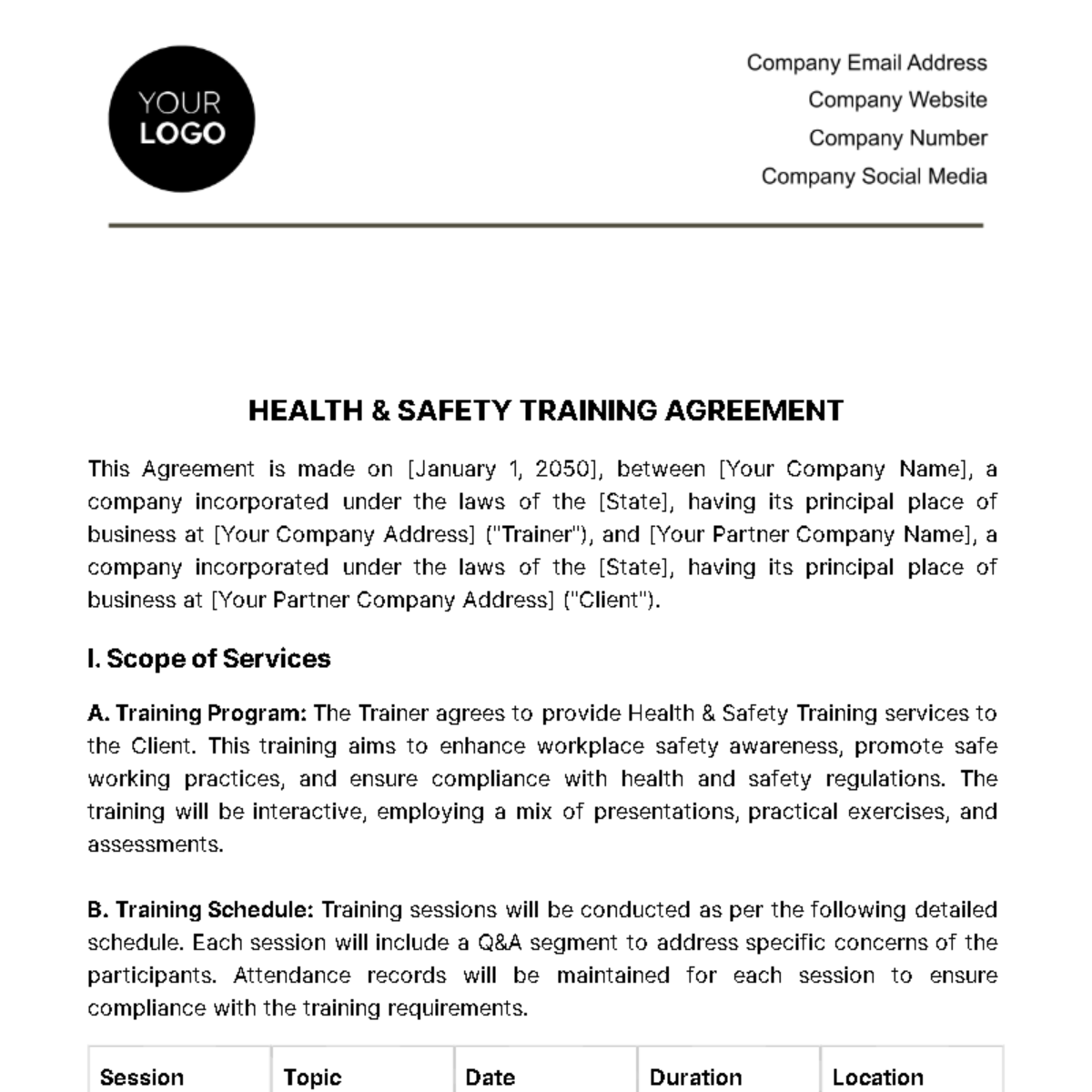 Health & Safety Training Agreement Template - Edit Online & Download ...