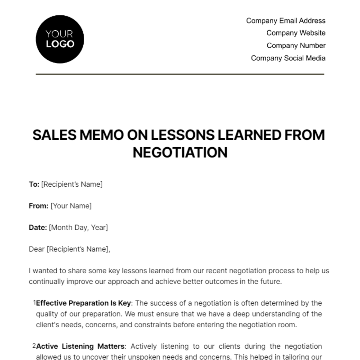 Sales Memo on Lessons Learned from Negotiation Template - Edit Online ...