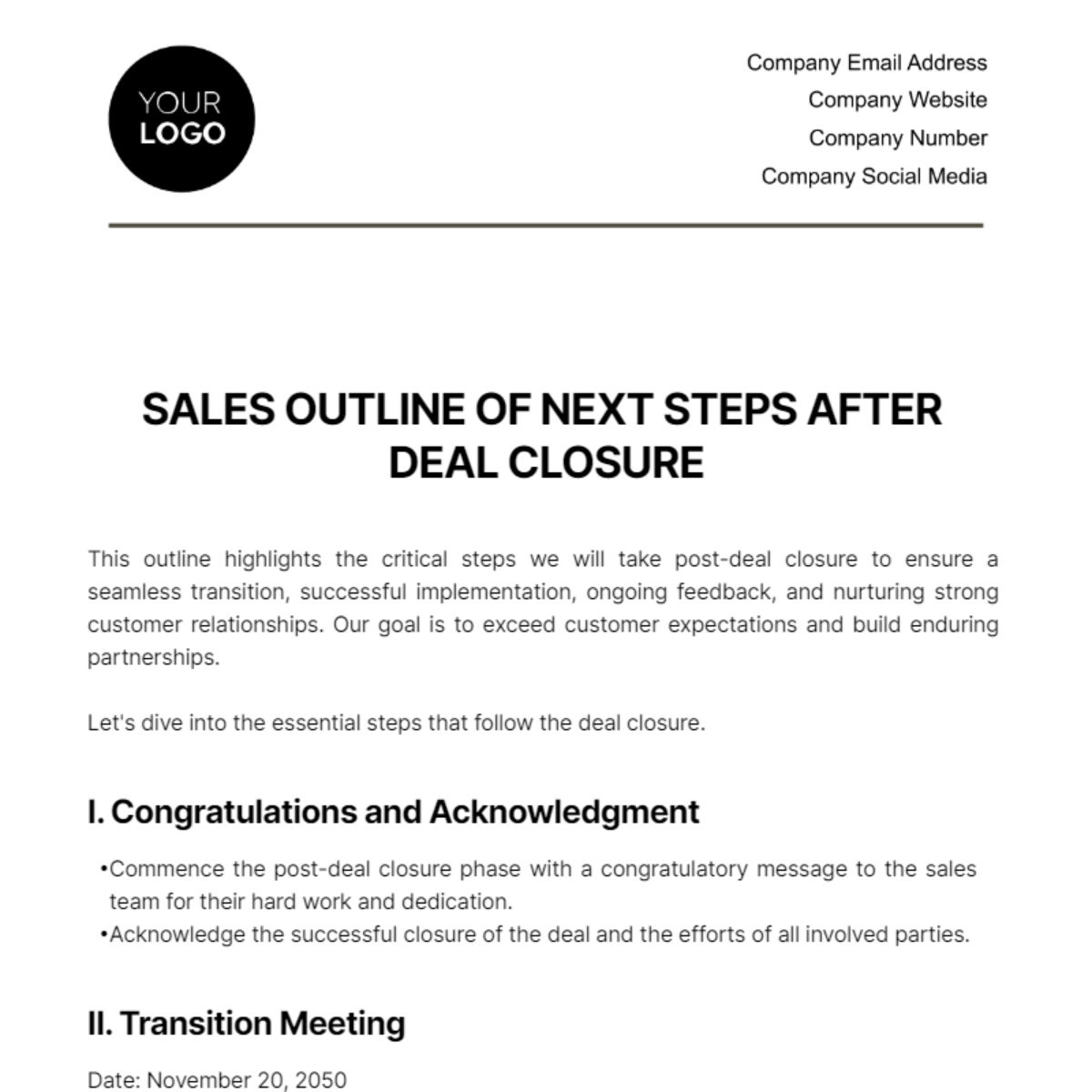 Sales Outline of Next Steps after Deal Closure Template - Edit Online ...