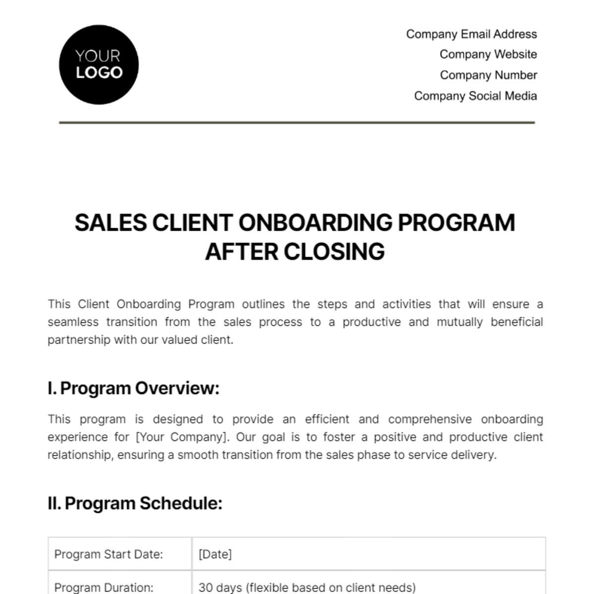Sales Client Onboarding Program after Closing Template - Edit Online ...