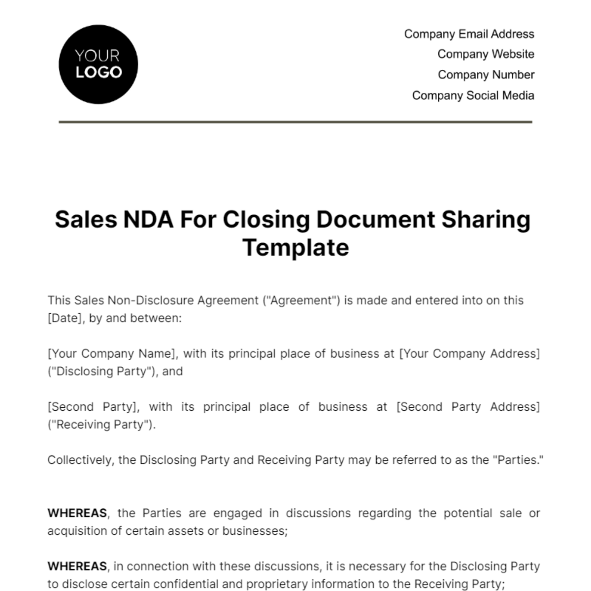 Sales NDA for Closing Document Sharing Template - Edit Online ...