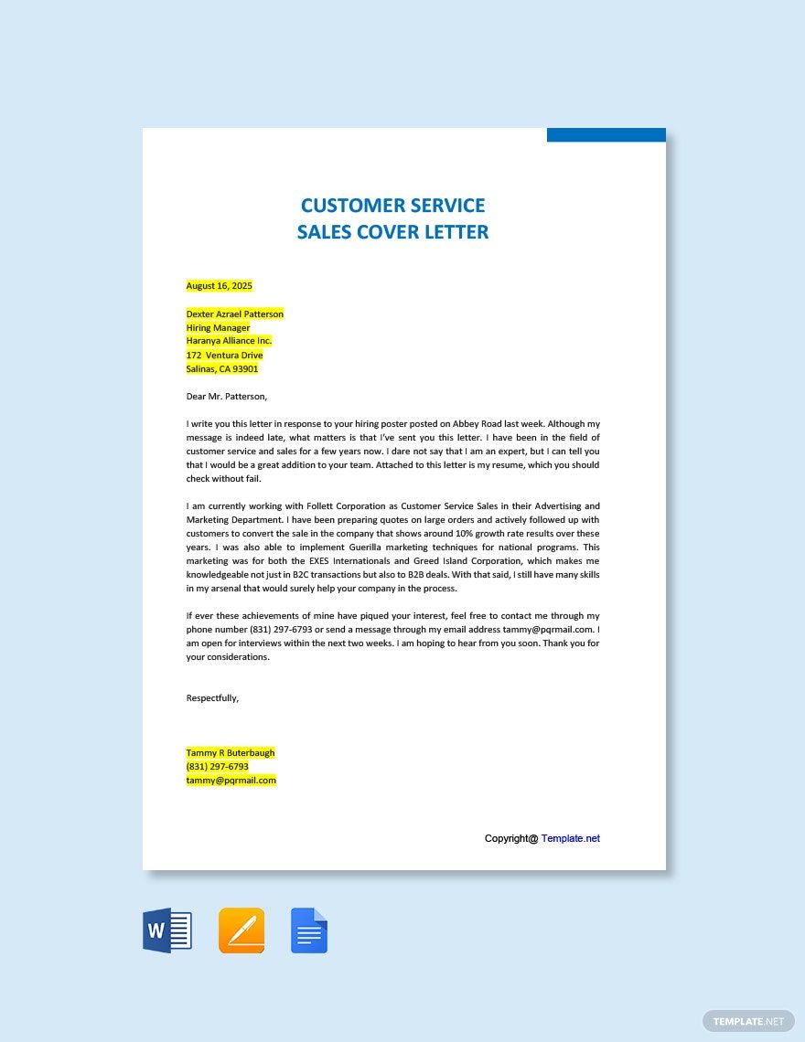 Customer Service Sales Cover Letter Template Google Docs Word Apple 