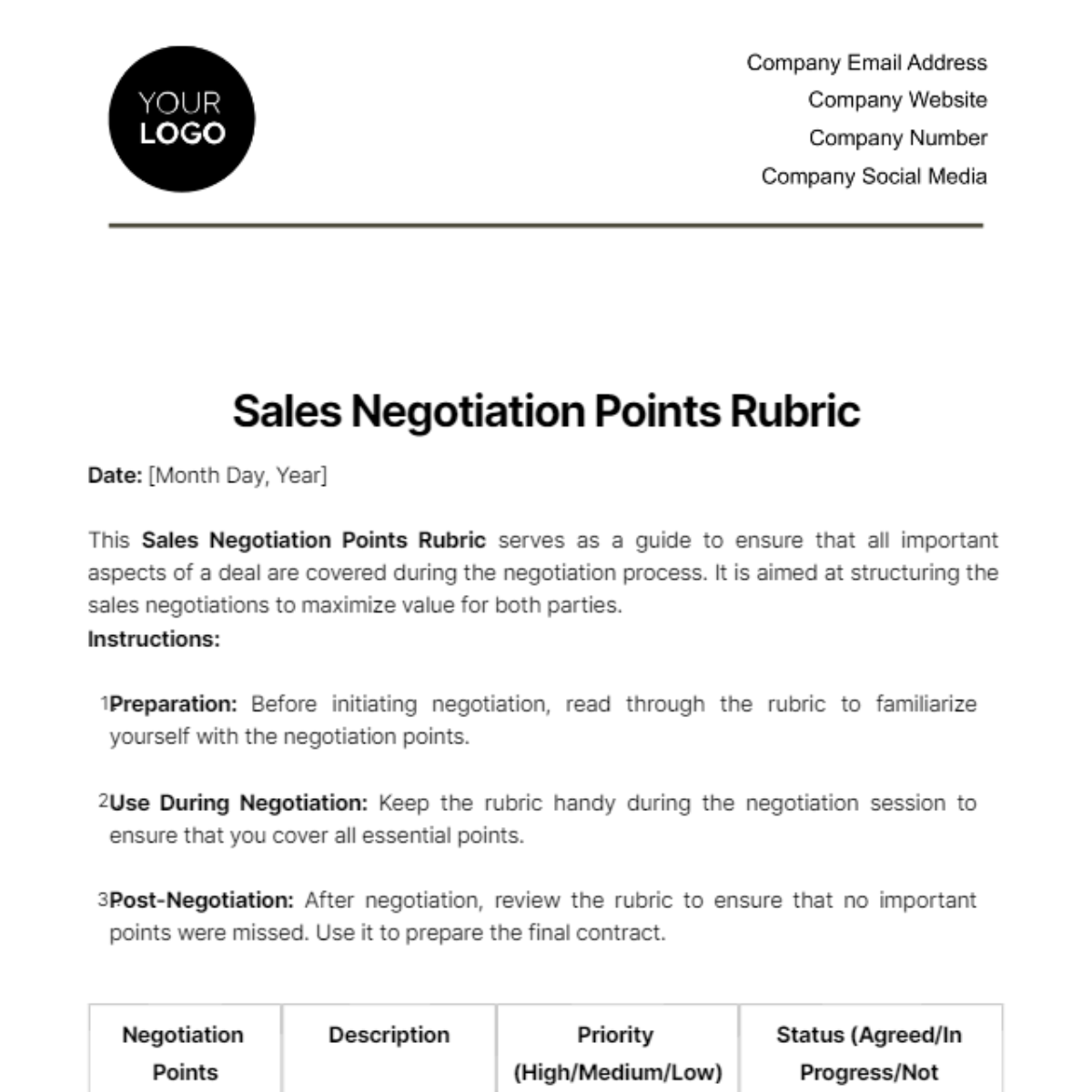 Sales Negotiation Points Rubric Template - Edit Online & Download ...