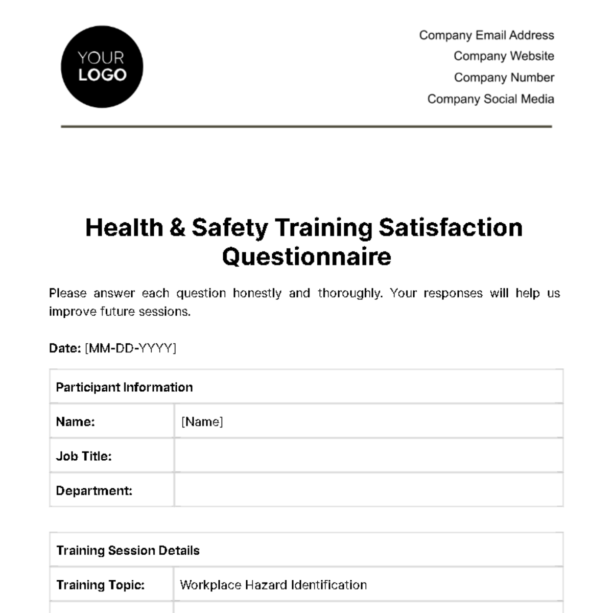 Health & Safety Training Satisfaction Questionnaire Template - Edit ...